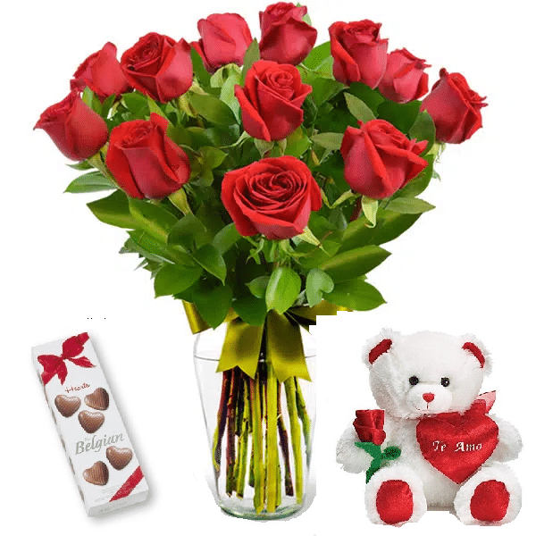 Arreglo con 12 rosas rojas, tierno peluche, bombones en florero - El ...